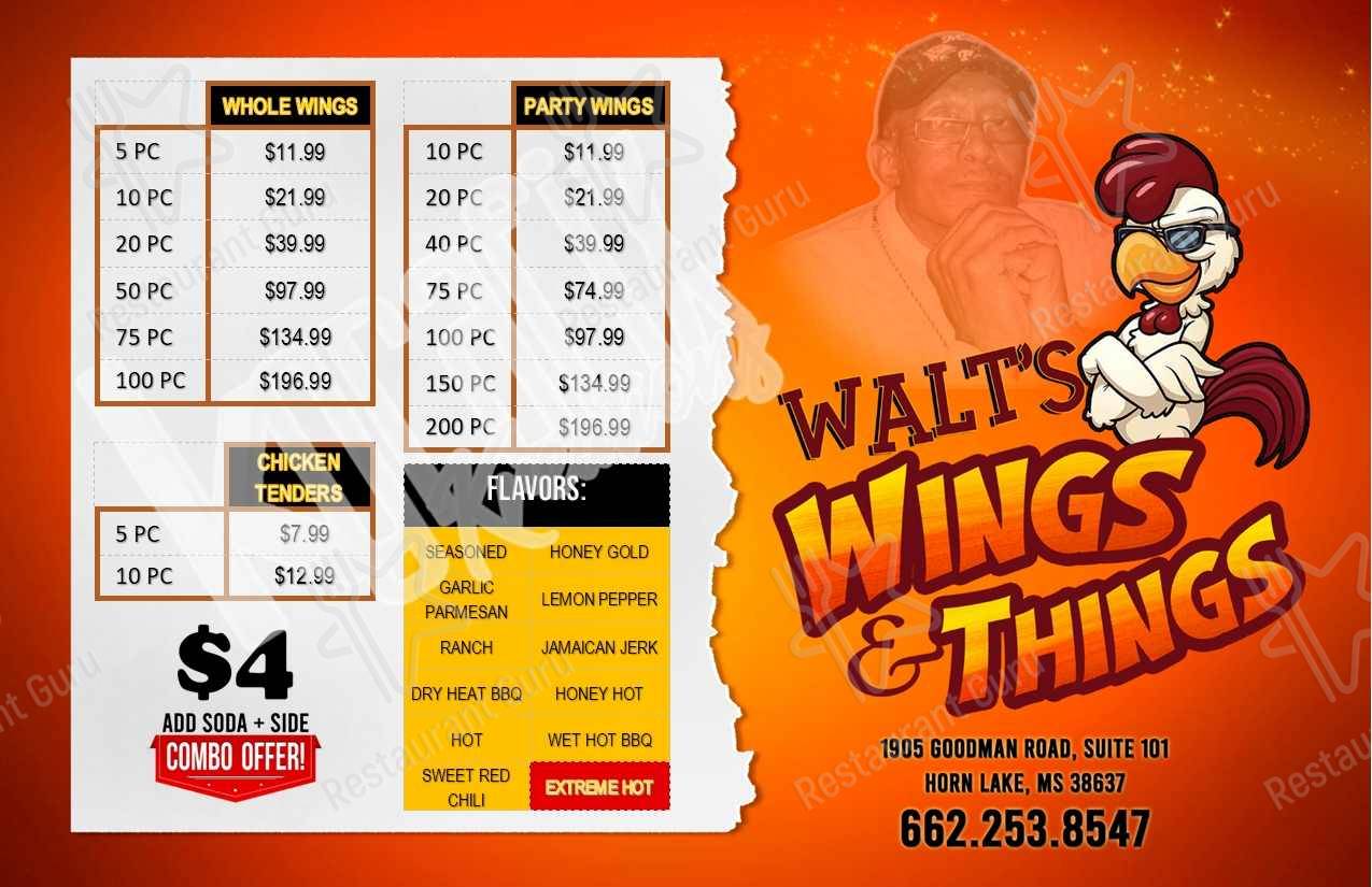 Menu at Walt's Wings & Things fast food, Horn Lake