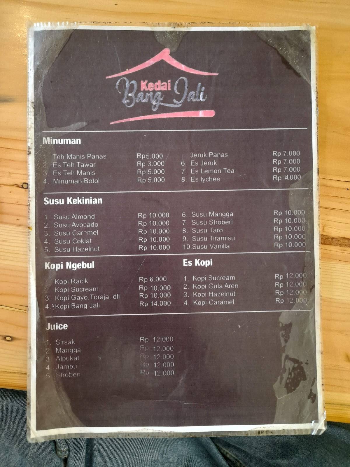 Menu at Waroeng Sambal Bang Jali restaurant, Kuta Jaya, Jl. Raya Regency II