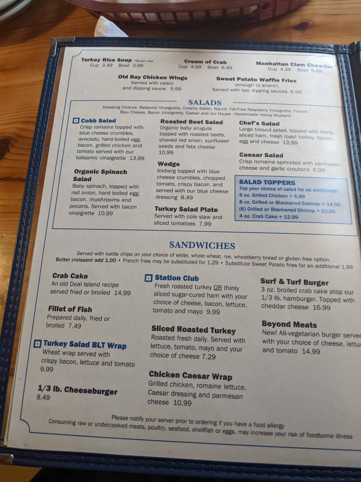 Menu at Warren's Station restaurant, Fenwick Island