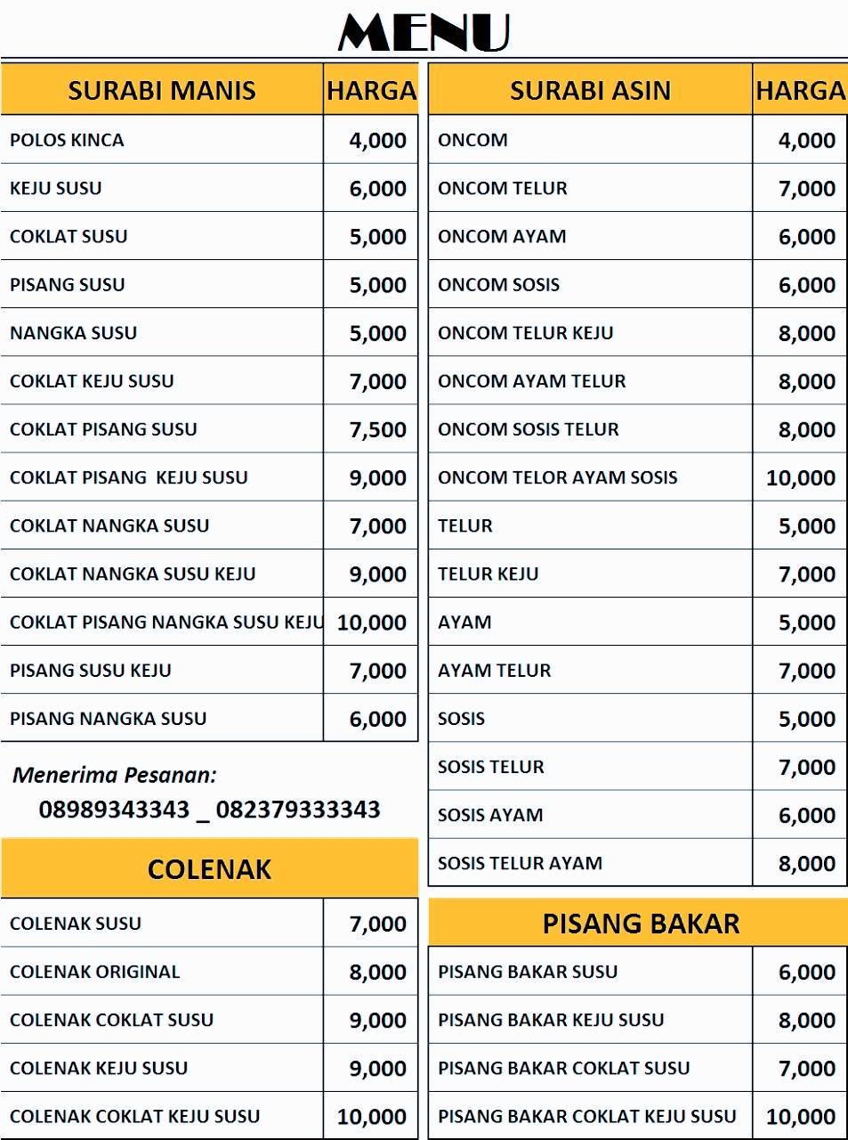 Menu at Warung Surabi KK Manggahang restaurant, Bandung