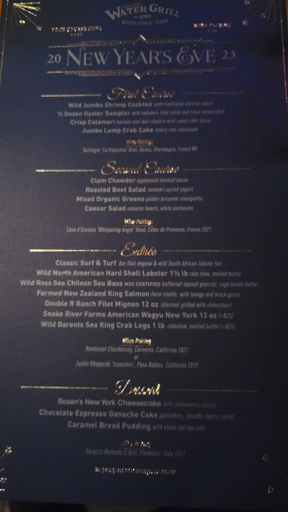 Menu at Water Grill restaurant, Costa Mesa