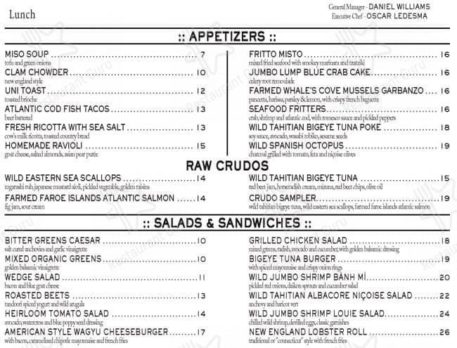 Menu at Water Grill restaurant, Costa Mesa