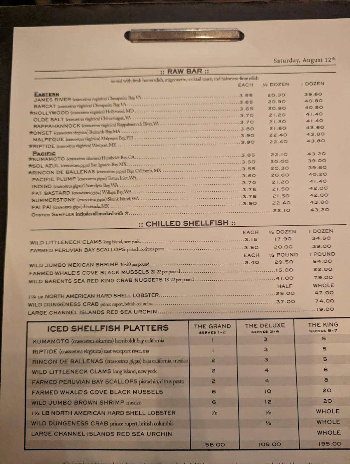 Menu at Water Grill restaurant, Santa Monica, Ocean Ave