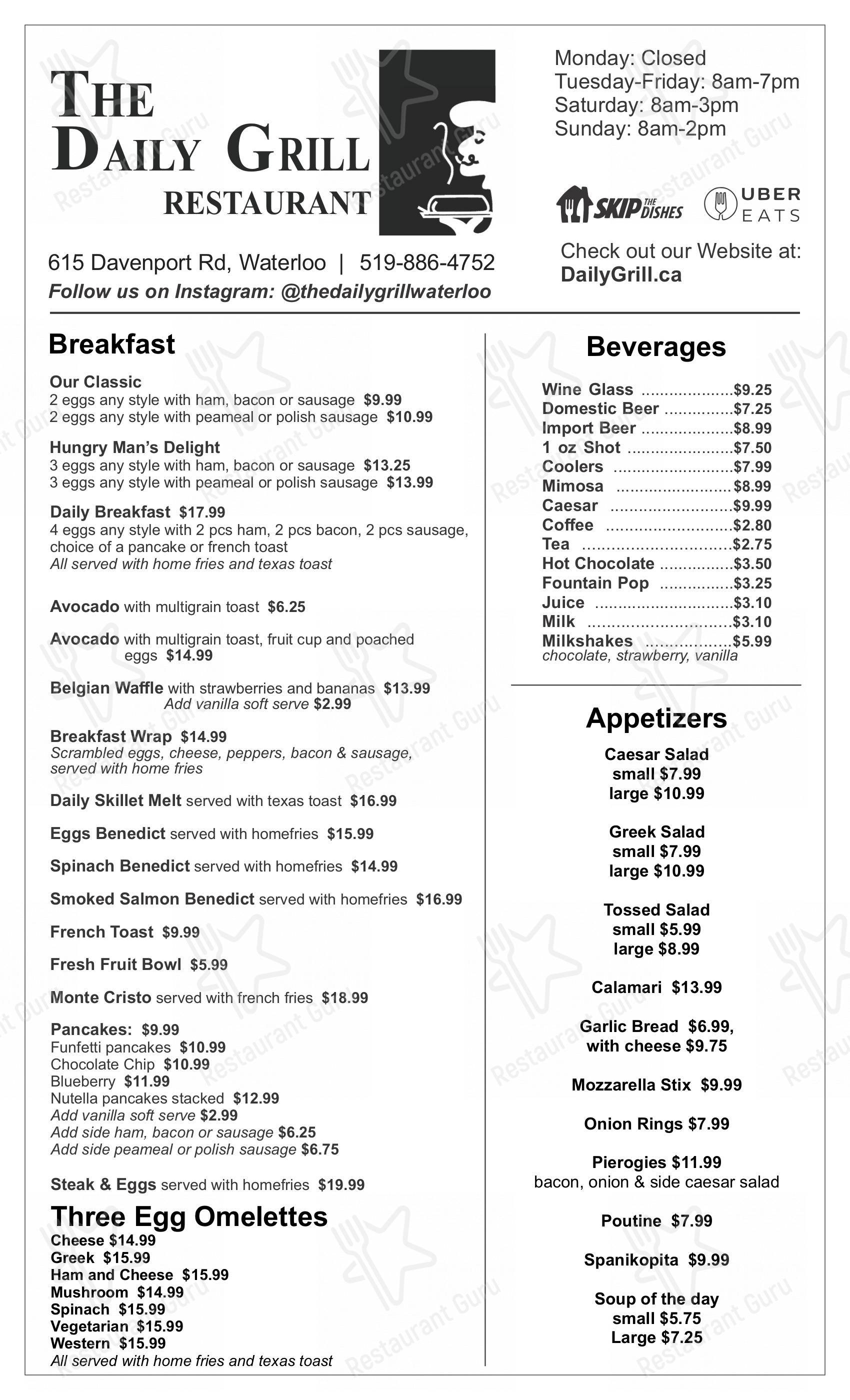 Menu at Daily Grill Restaurant, Waterloo