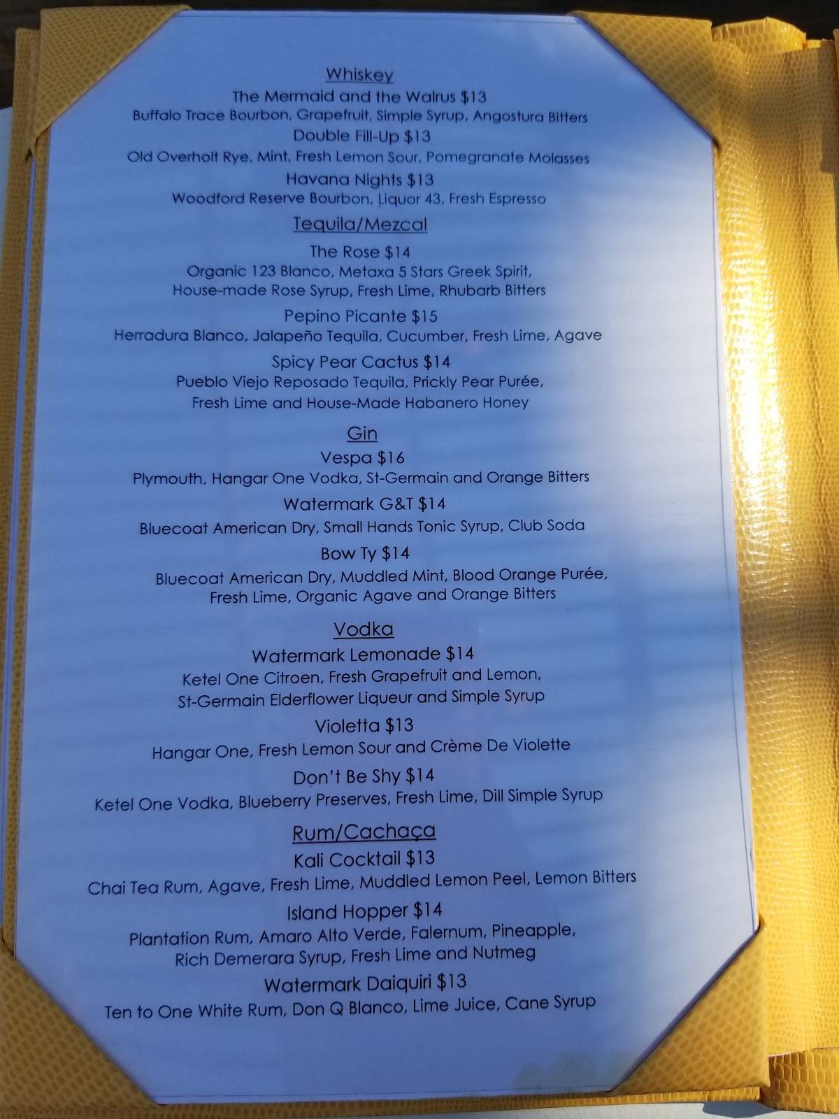 Menu at Watermark pub & bar, Asbury Park