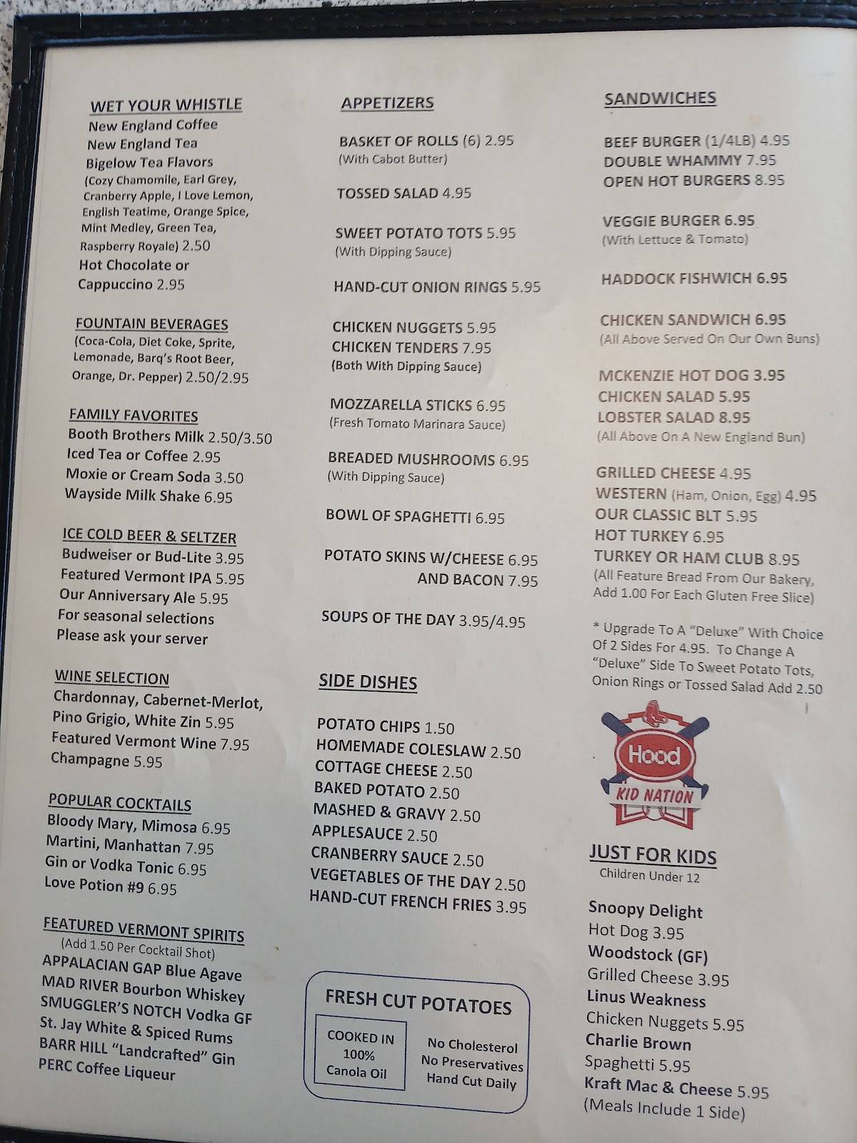 Menu at Wayside Restaurant, Bakery & Creamery, Montpelier