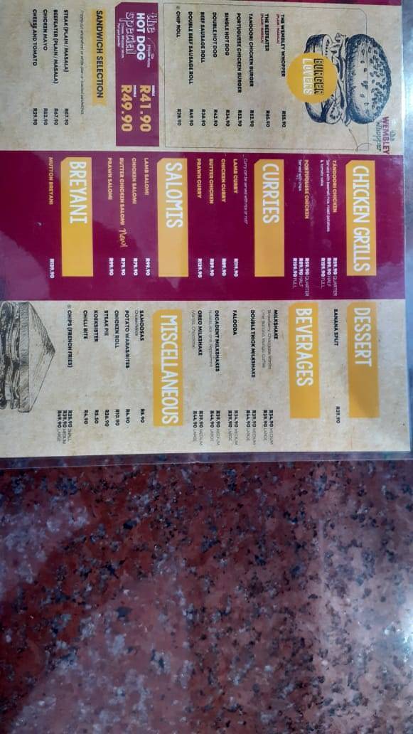 Menu at Wembley Roadhouse restaurant, Cape Town, Belgravia Road