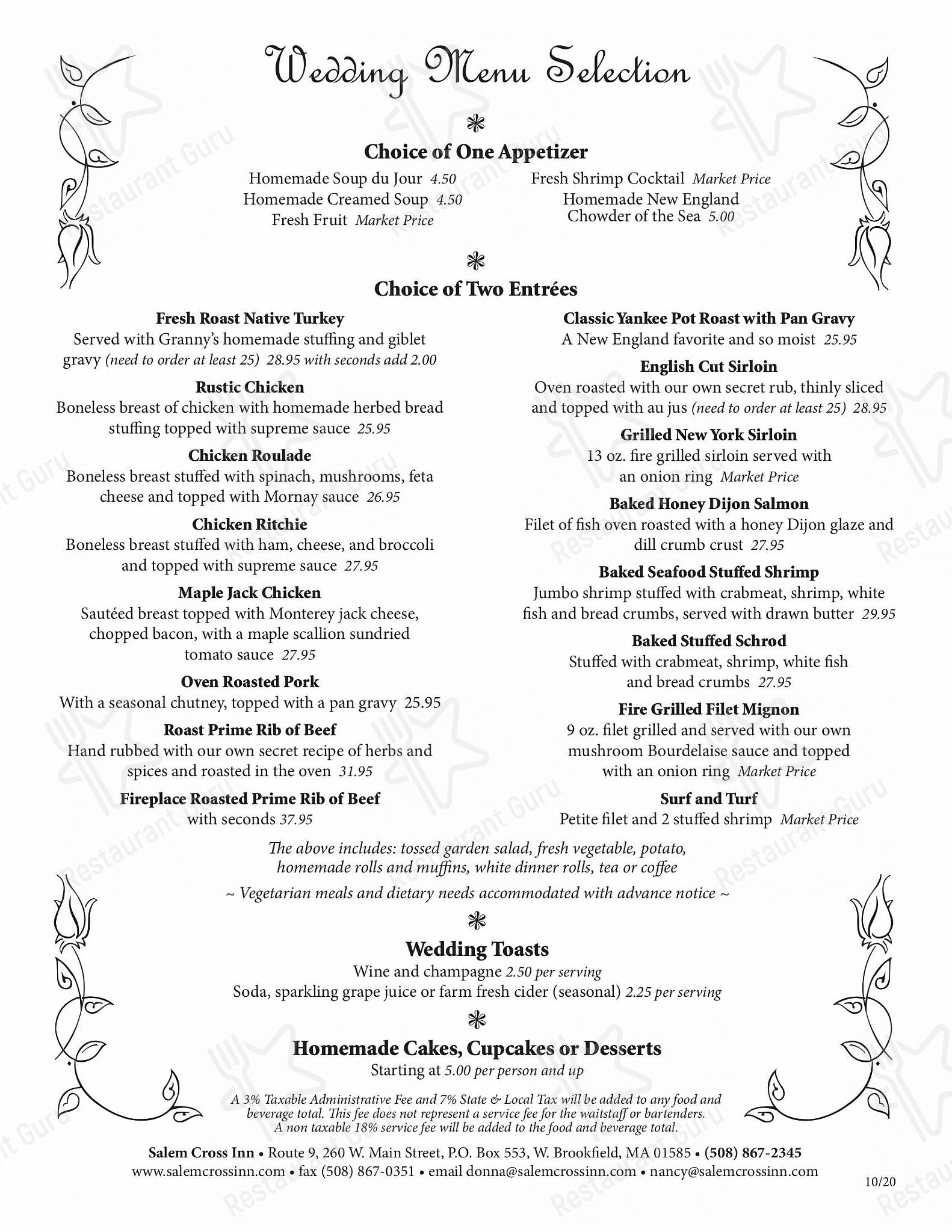 Menu at Salem Cross Inn restaurant, West Brookfield