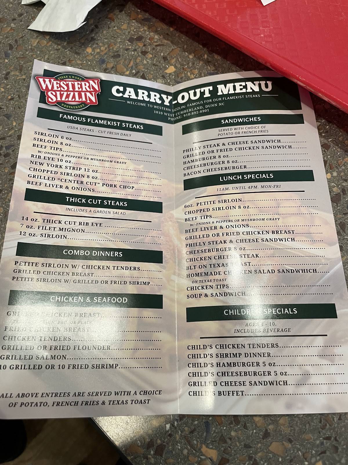 Menu at Western Sizzlin Steakhouse, Dunn, W Cumberland St