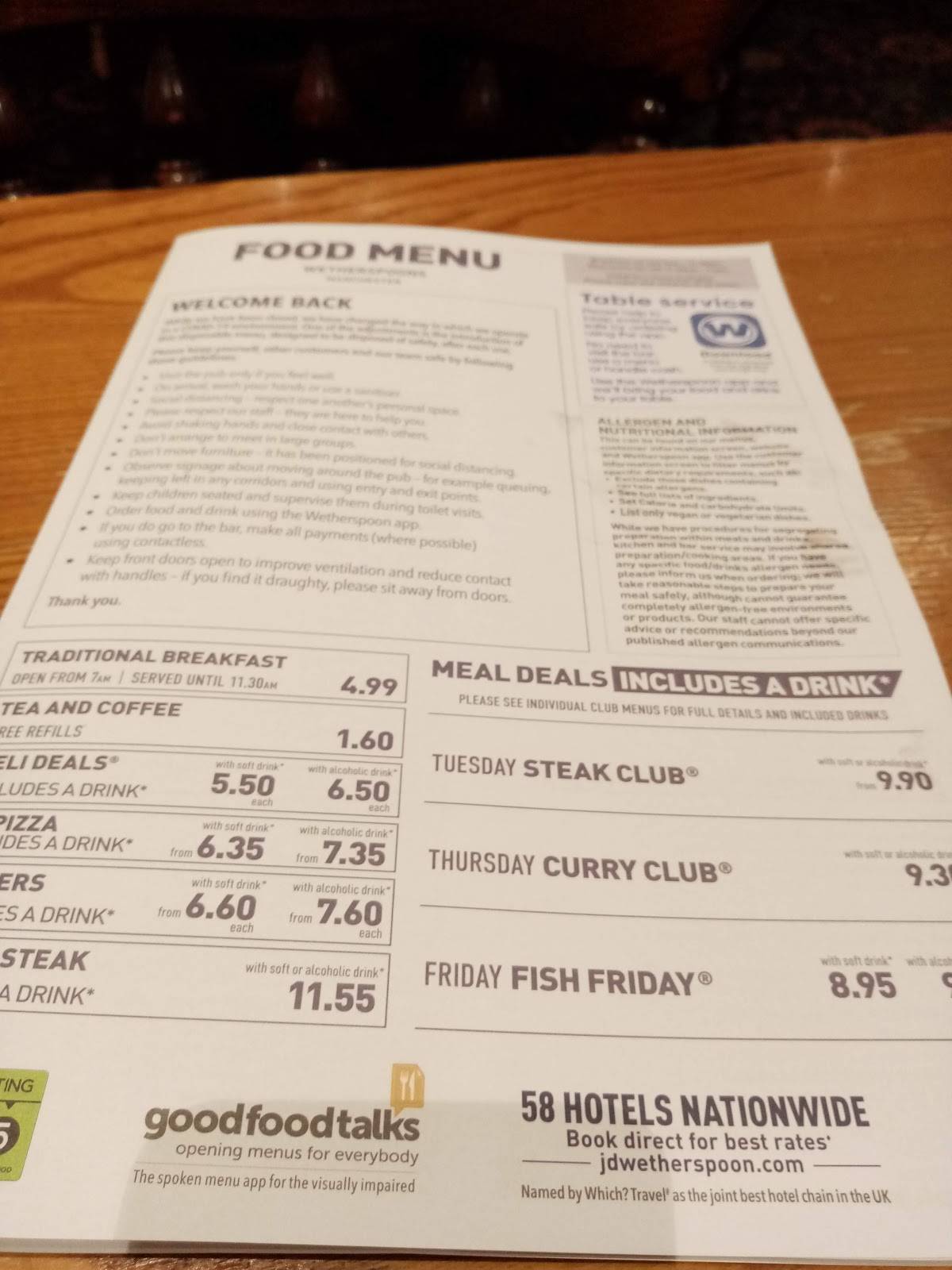 Menu at Wetherspoons pub & bar, Manchester, Piccadilly House