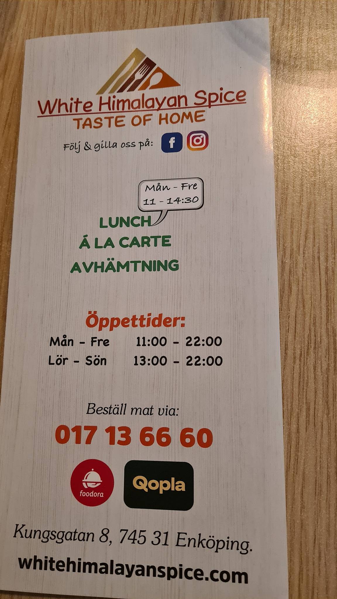 Menu at White Himalayan spice restaurant, Enköping
