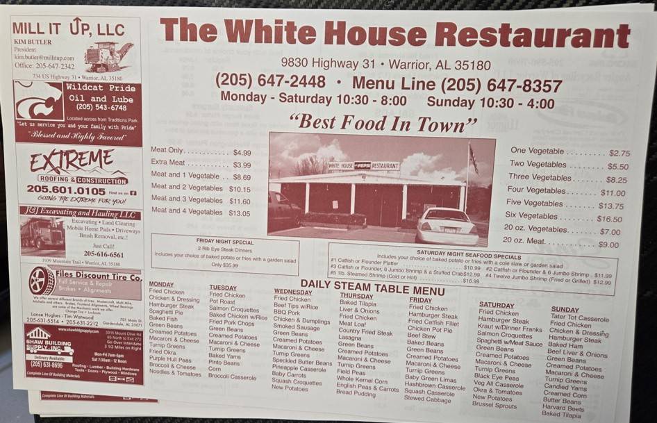 Menu at White House Restaurant, Warrior