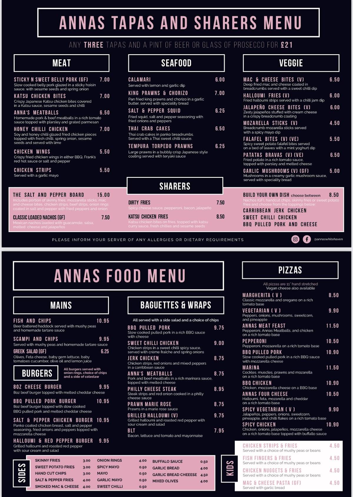 Menu at Anna's Bar & Kitchen, Whitehaven