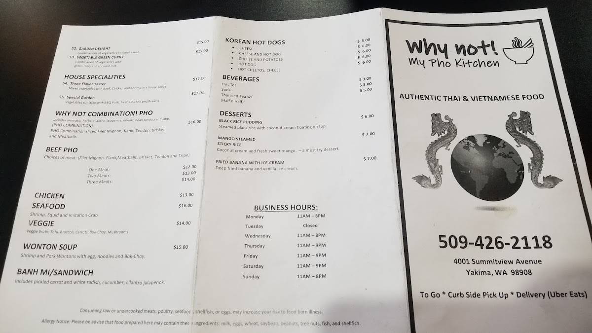 Menu at Why Not My Thai Kitchen restaurant, Yakima