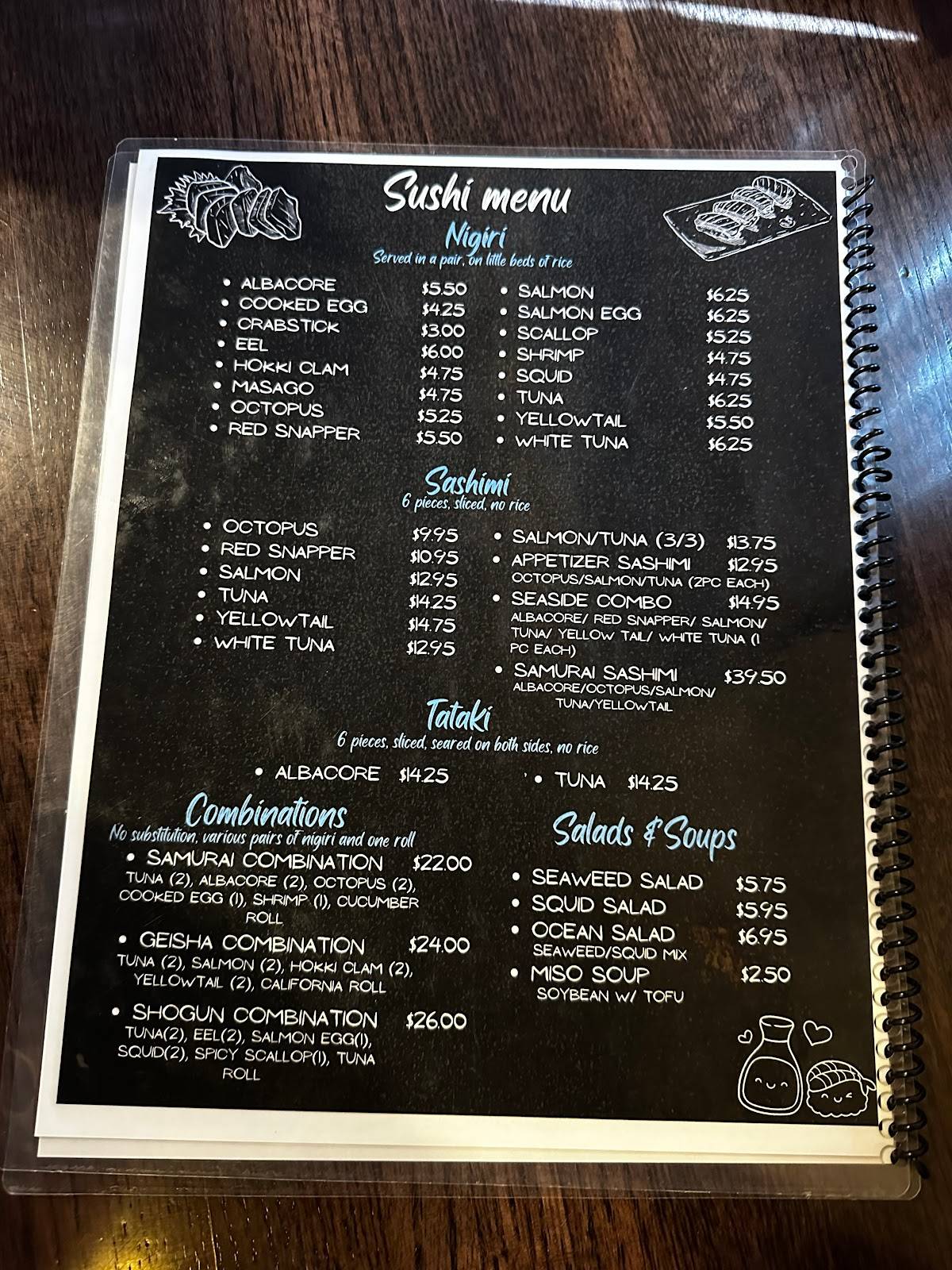 Menu at Samurai of Tokyo restaurant, Wichita Falls