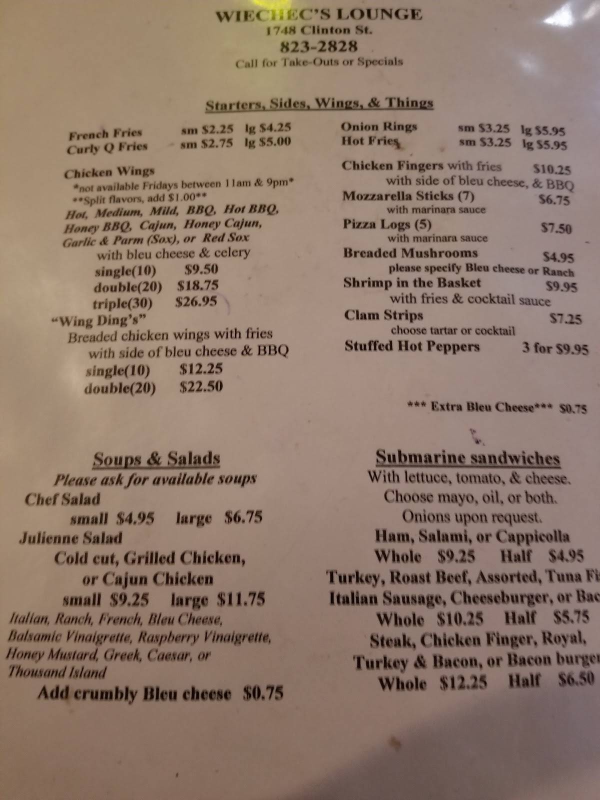 Menu at Wiechec's Lounge restaurant, Buffalo