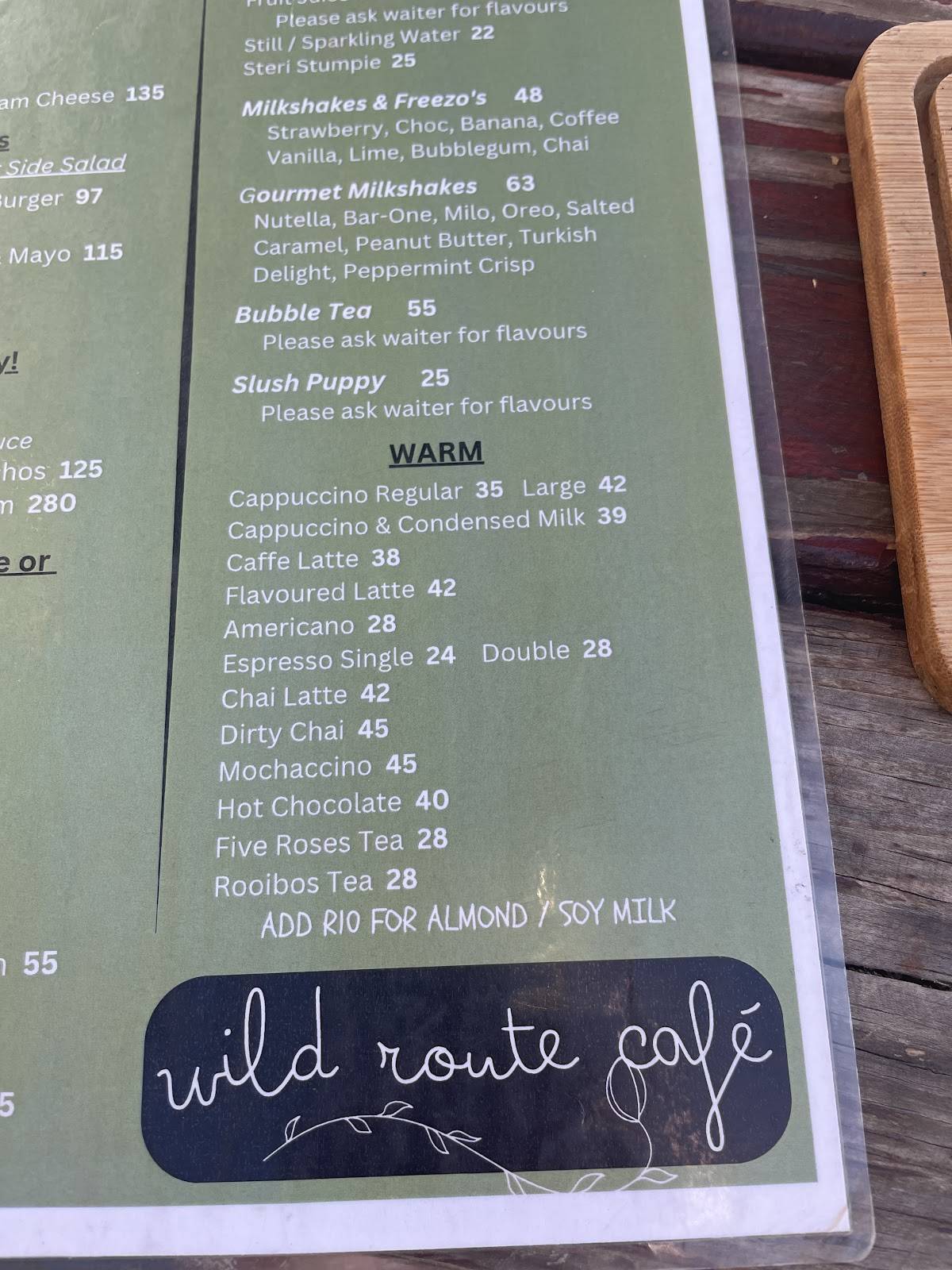 Menu at Wild Route Café restaurant, Pretoria