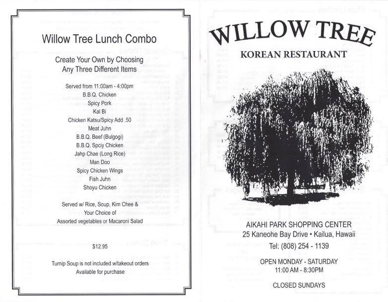 Menu at Willow Tree restaurant, Kailua