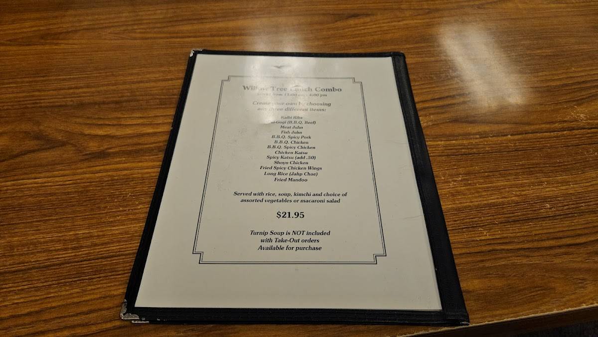 Menu at Willow Tree restaurant, Kailua