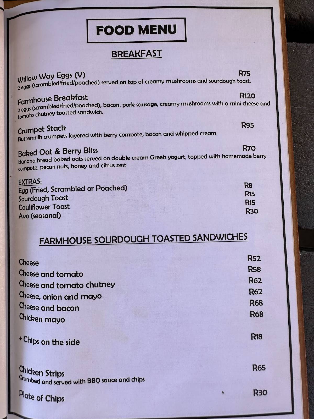 Menu at Willow Way Manor cafe, Outer West Durban