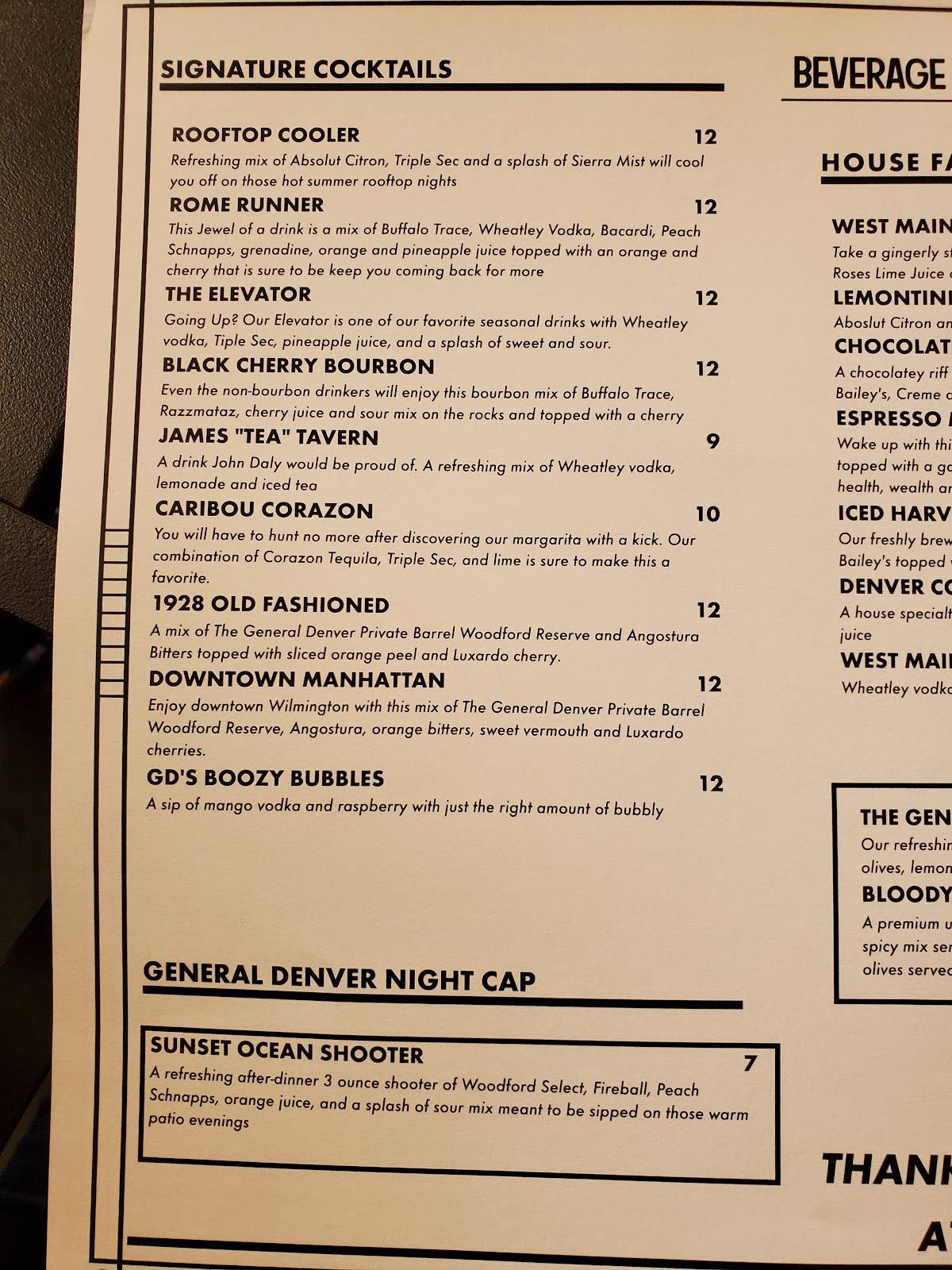 Menu at General Denver Hotel restaurant, Wilmington