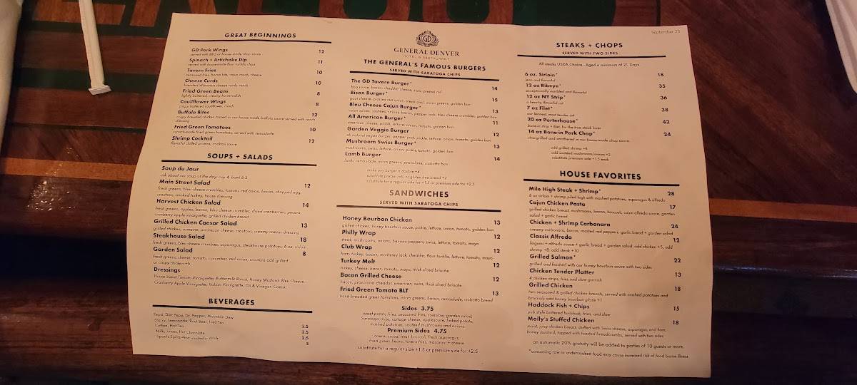 Menu at General Denver Hotel restaurant, Wilmington