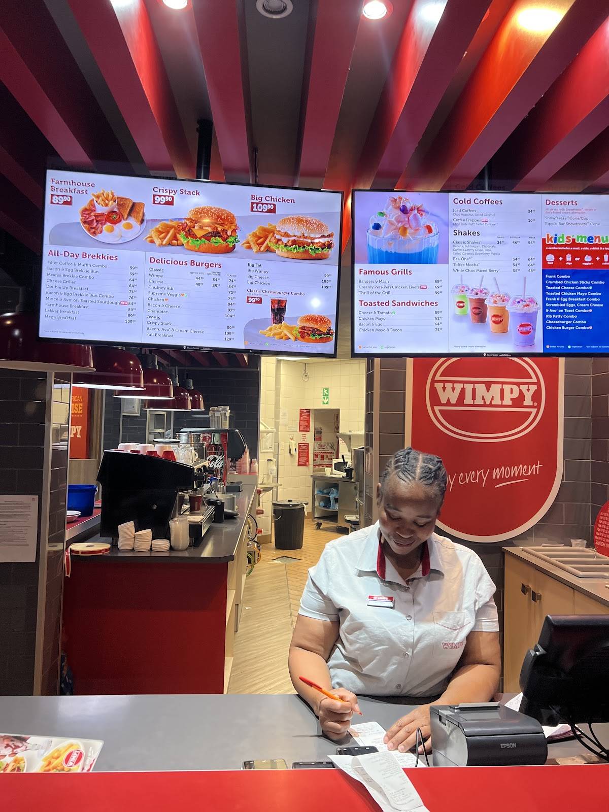 Menu at Wimpy restaurant, Standerton, and
