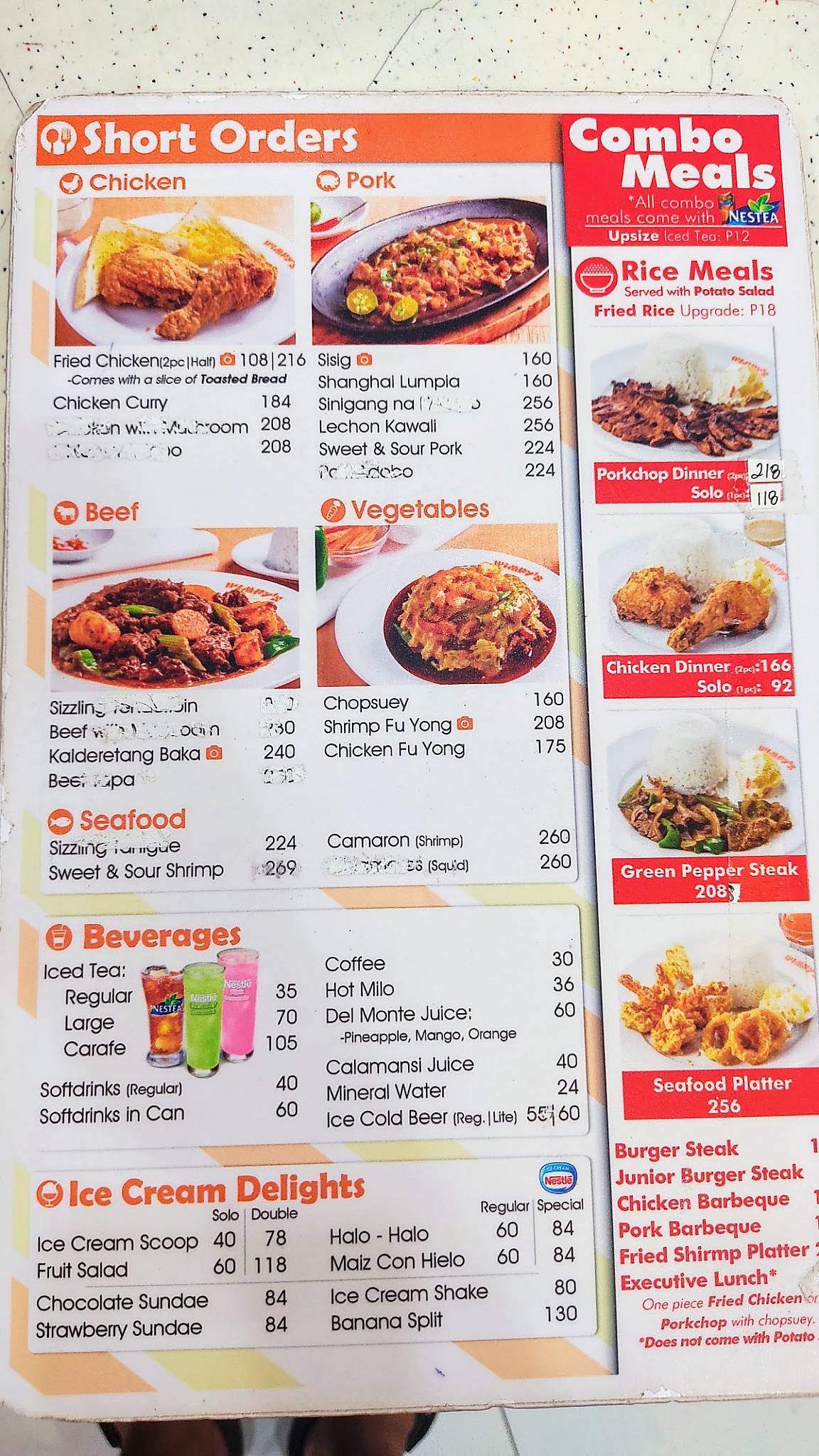 Menu at Wimpy's restaurant, Olongapo, R7HJ+CVR