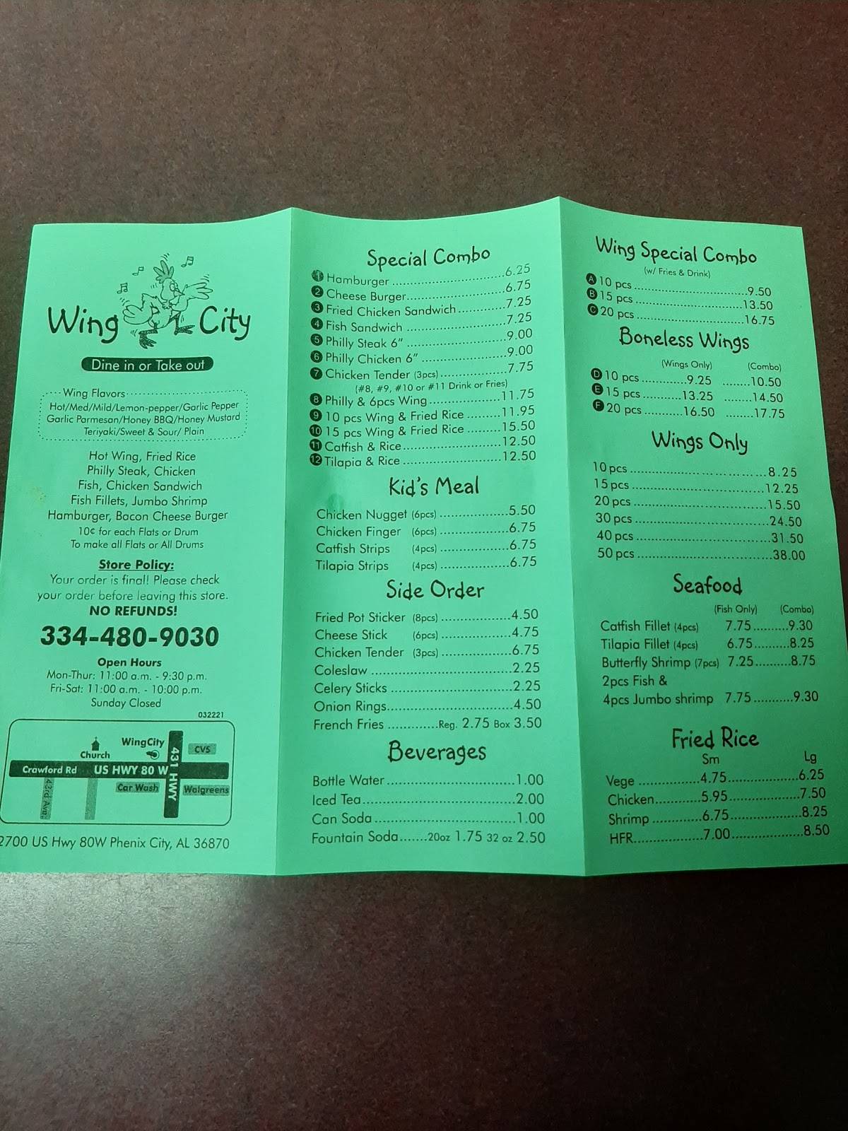 Menu at Wing City restaurant, Phenix City