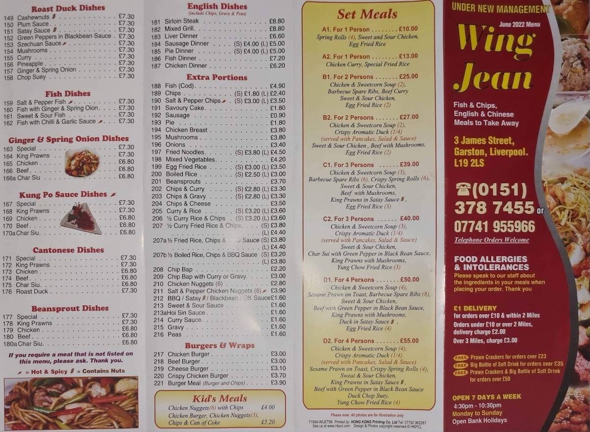 Menu at Wing Jean restaurant, Liverpool