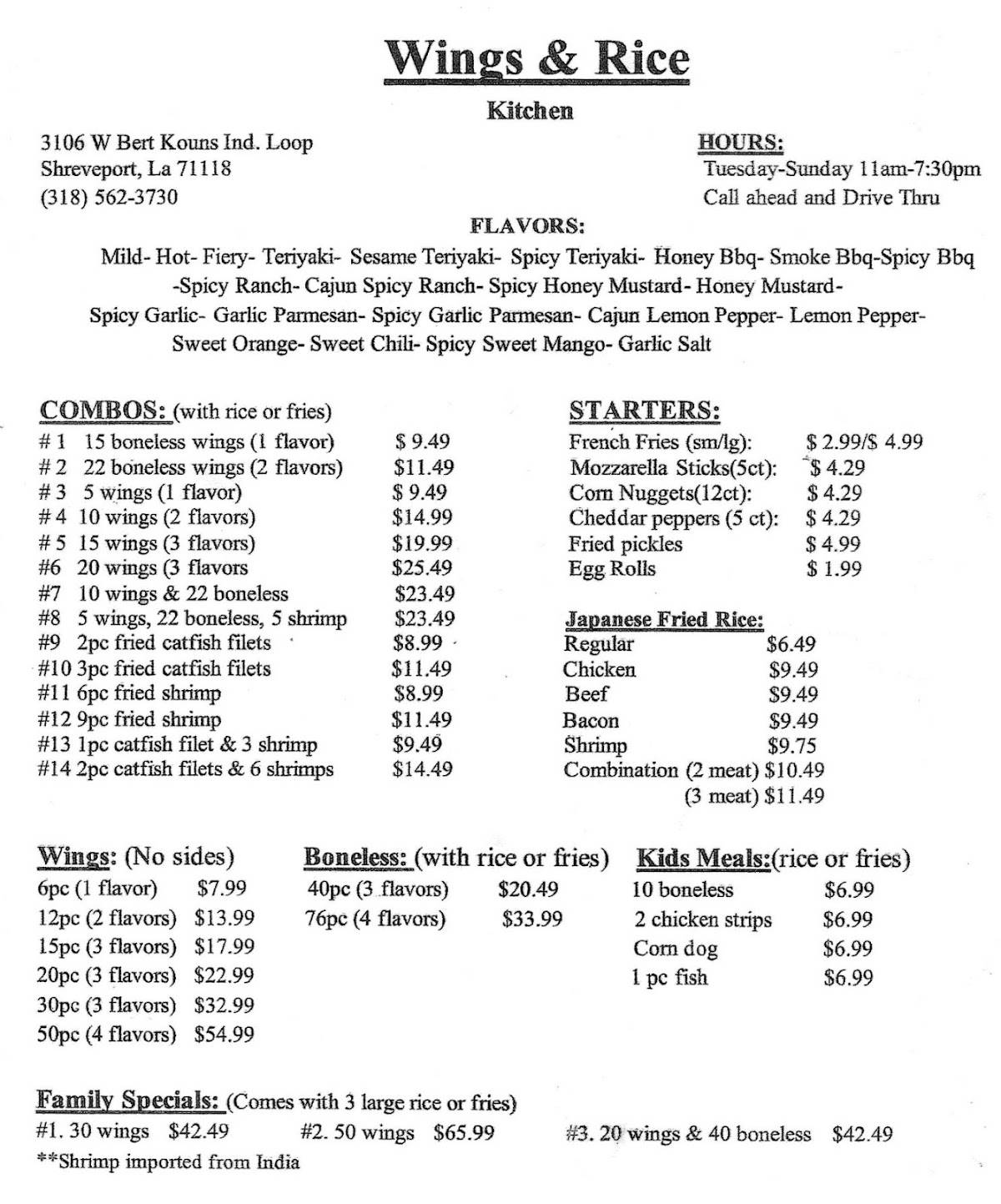 Menu at Wings & Rice Kitchen restaurant, Shreveport