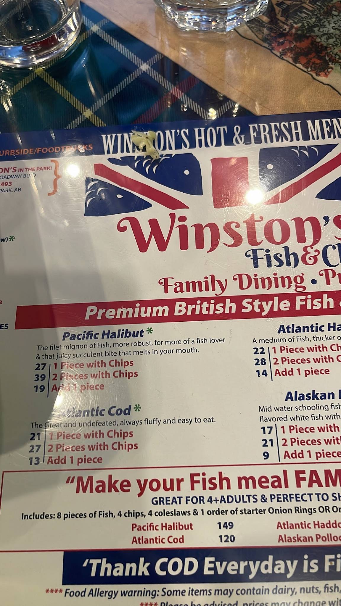 Menu at Winston's Fish & Chips restaurant, Edmonton