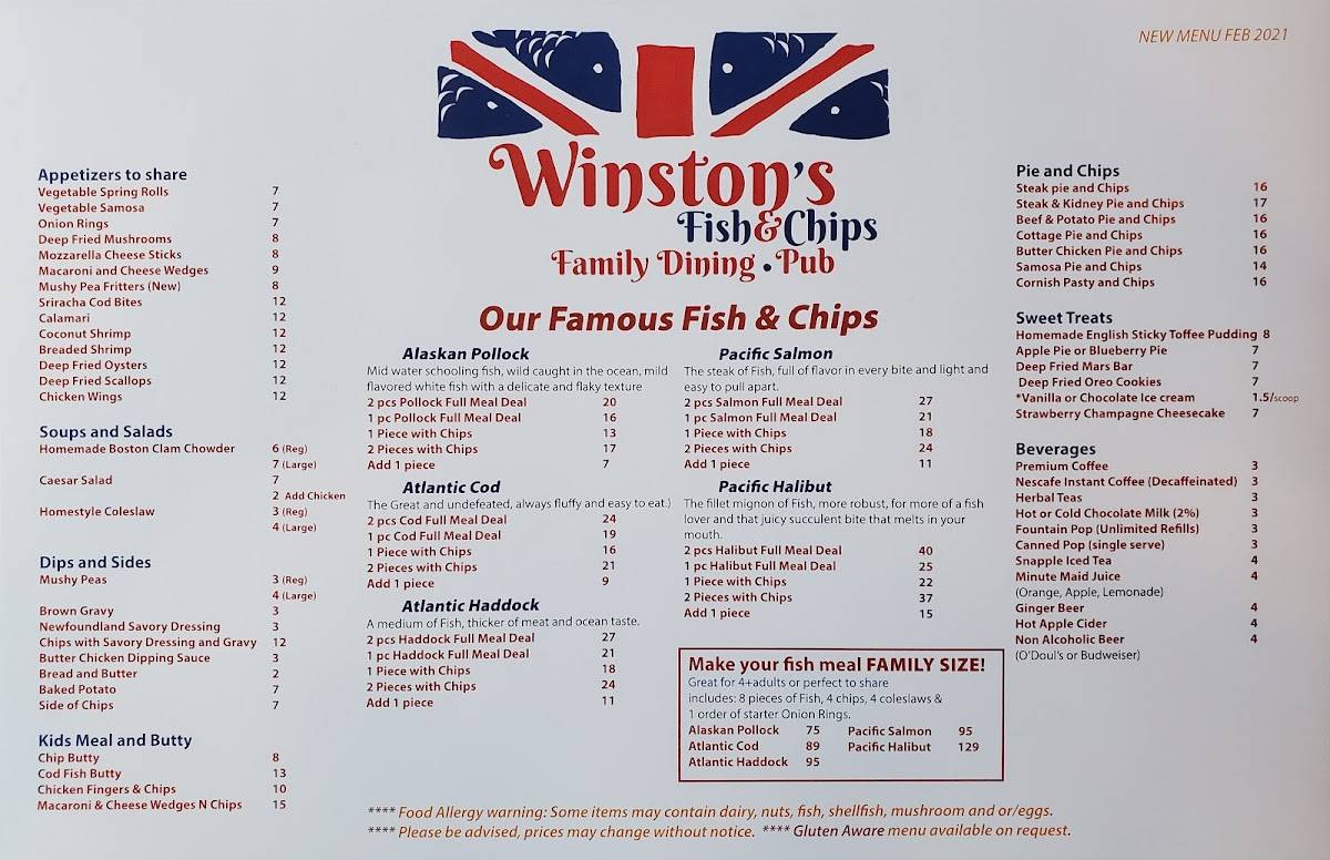 Menu at Winston's Fish & Chips restaurant, Edmonton