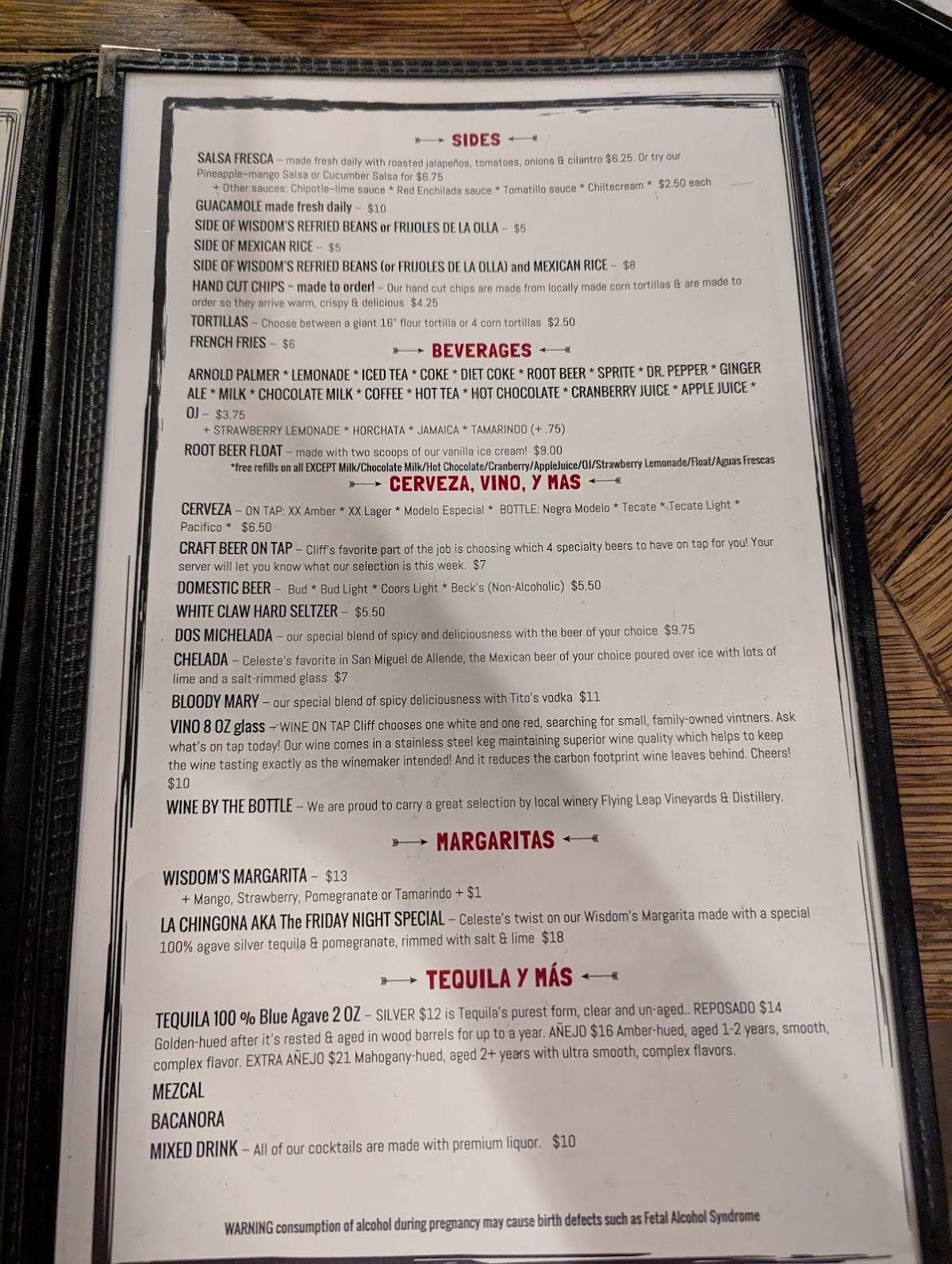 Menu at Wisdom's Cafe, Tumacacori-Carmen