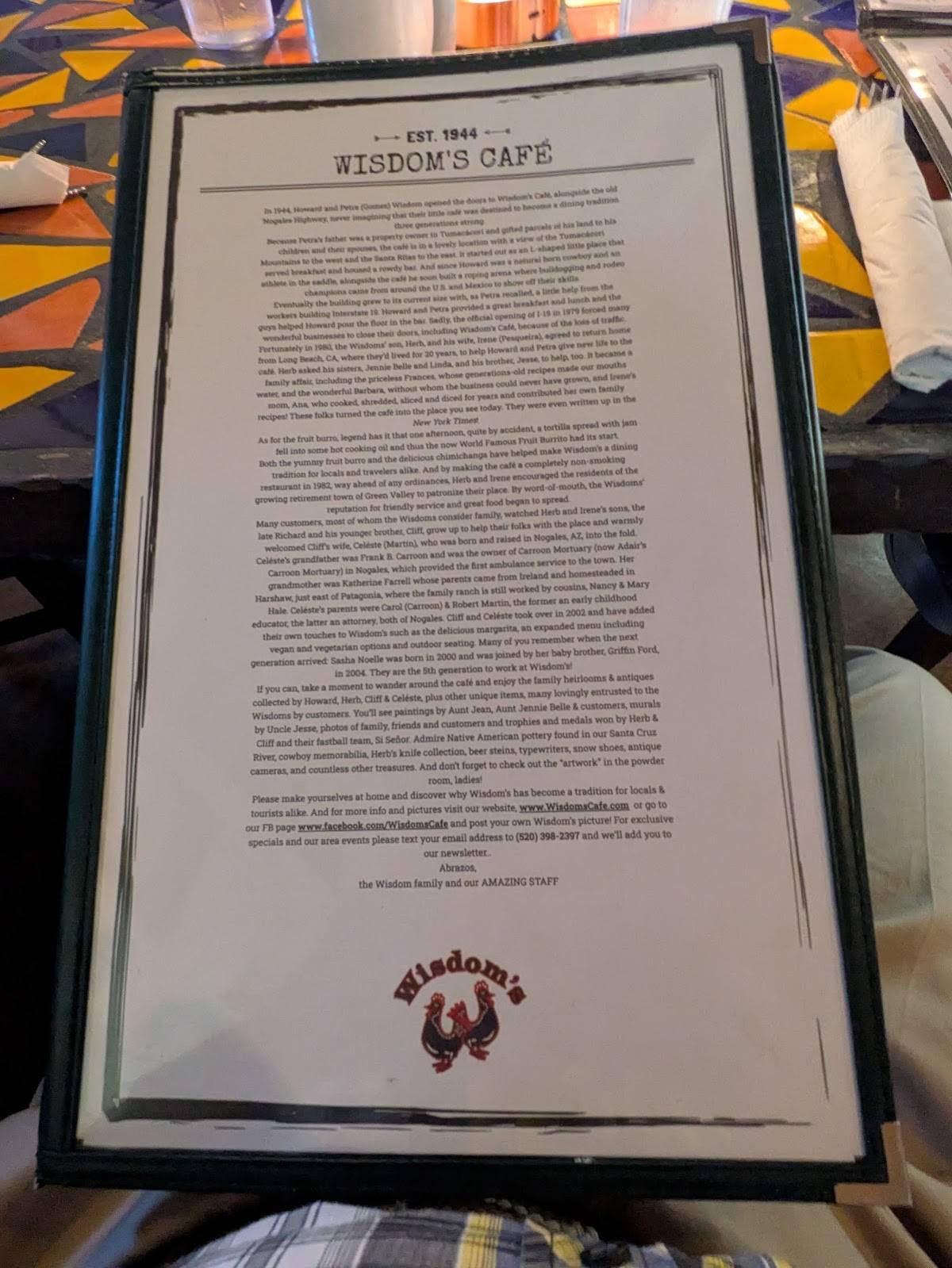 Menu at Wisdom's Cafe, Tumacacori-Carmen