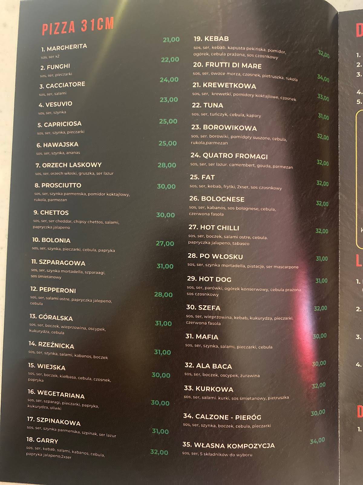 Menu at Włoskie Gary restaurant, Poznań