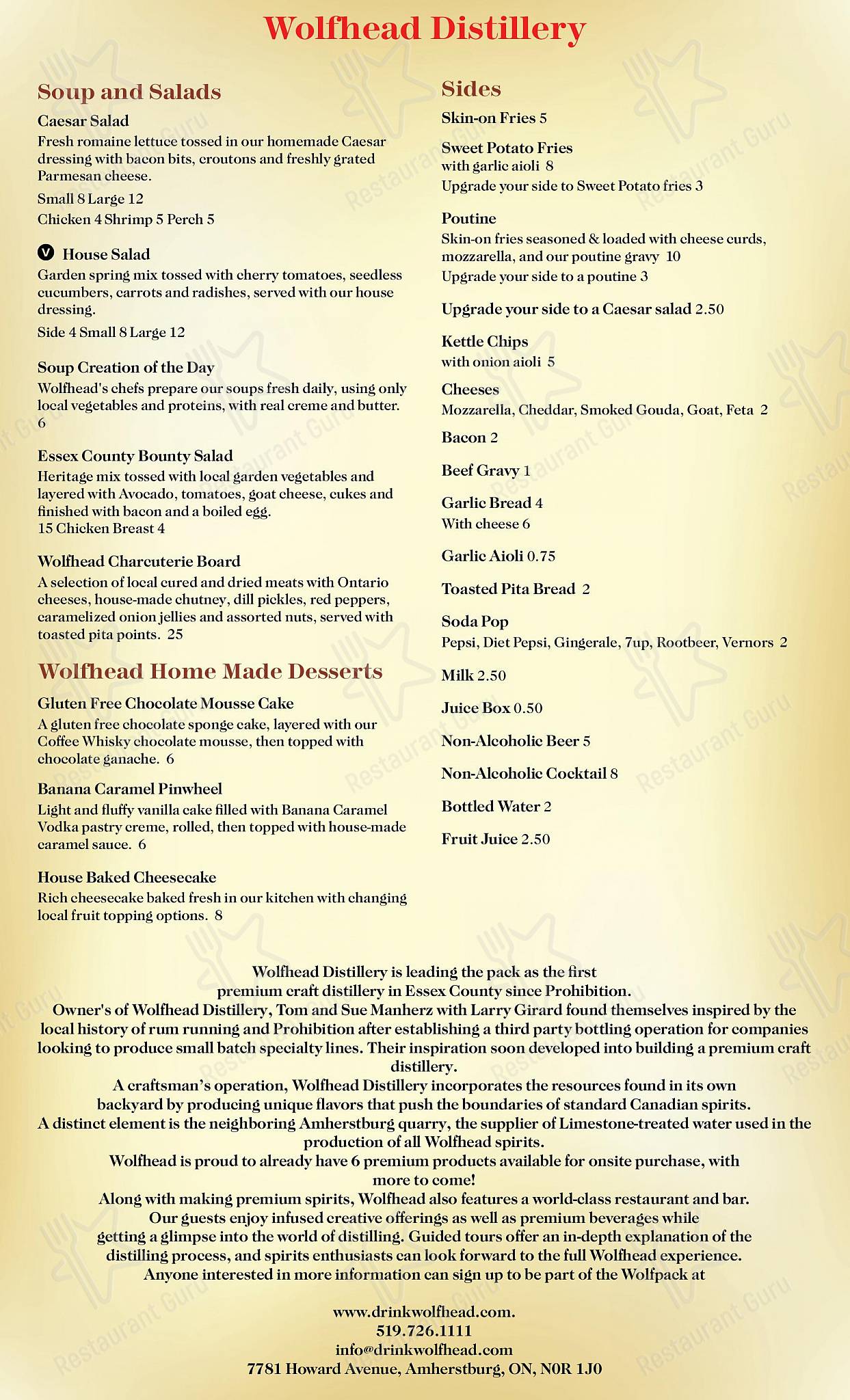Menu at Wolfhead Distillery & Restaurant, Amherstburg