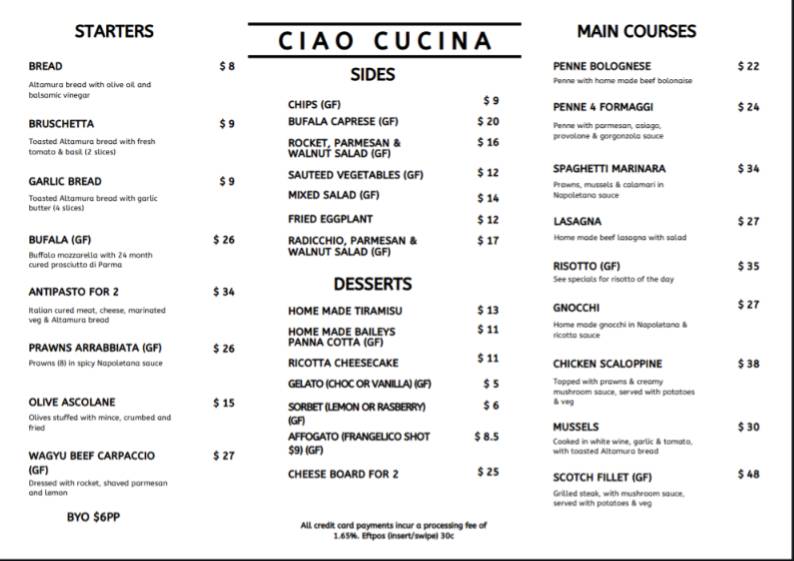 Menu at Ciao Cucina restaurant, Wollongong