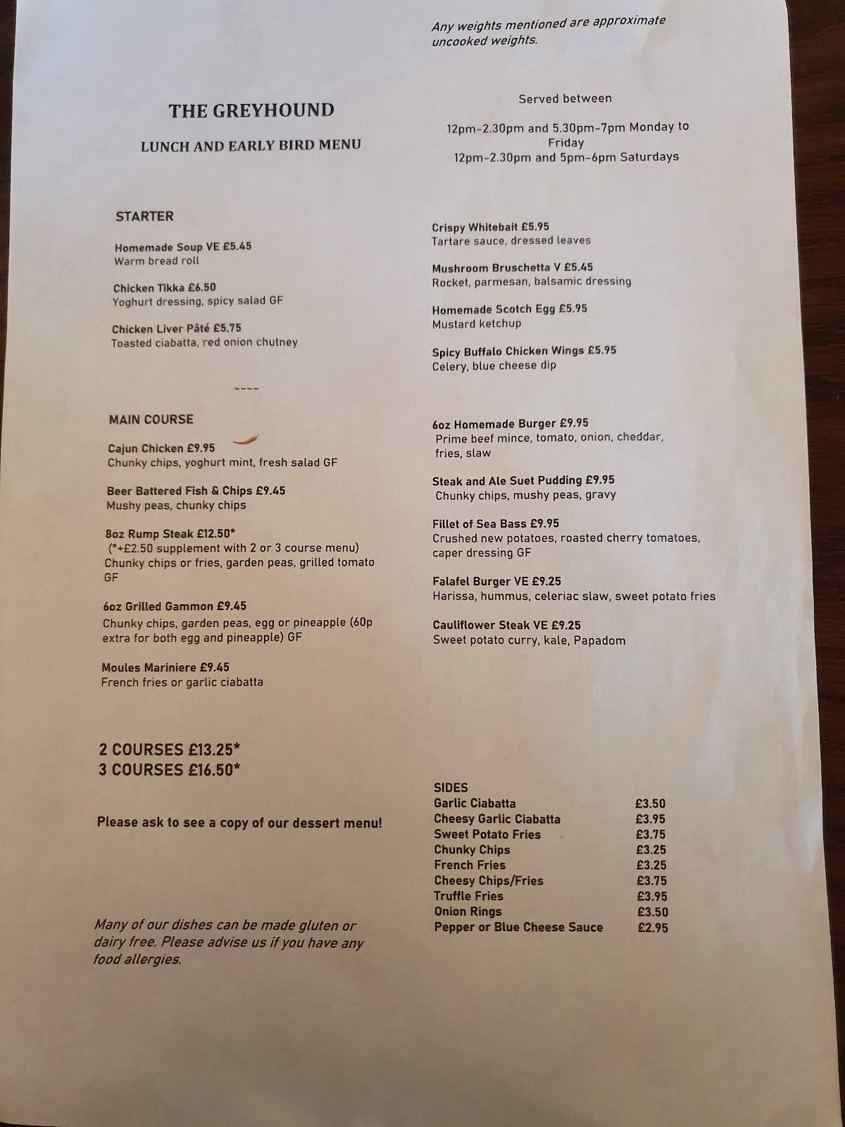 Menu at The Greyhound Inn pub & bar, Wolverhampton, The Greyhound