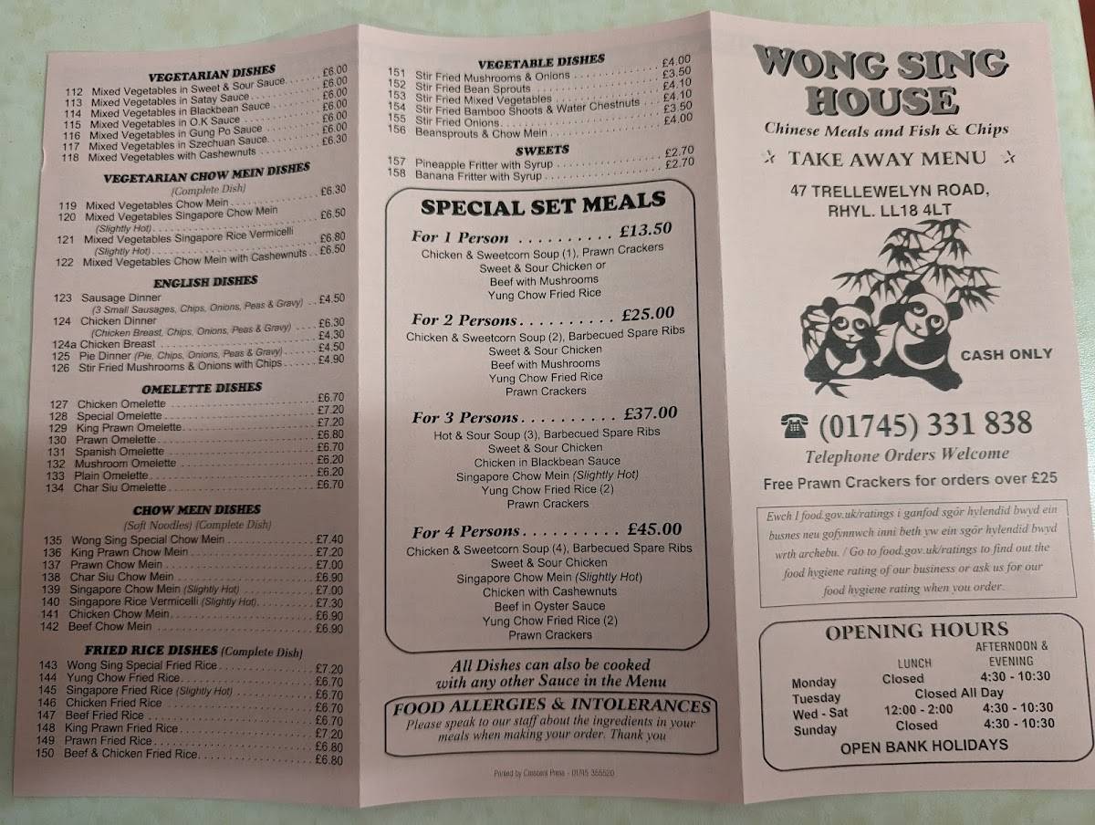 Menu at Wong Sing House Takeaway fast food, Rhyl
