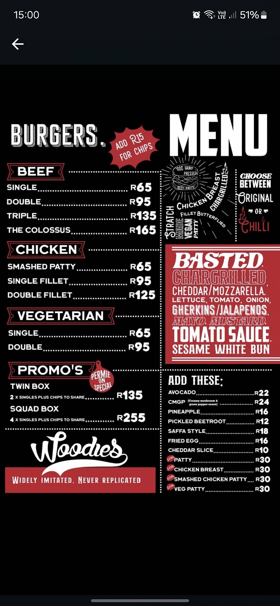 Menu at Woodies Best Damn Burgers restaurant, Cape Town