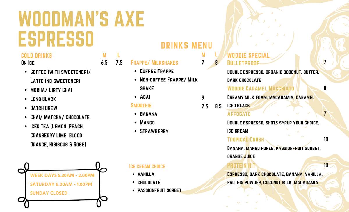 Menu at Woodman's Axe Espresso Bar Mackay, Mackay, Shop 6/47 Gordon St