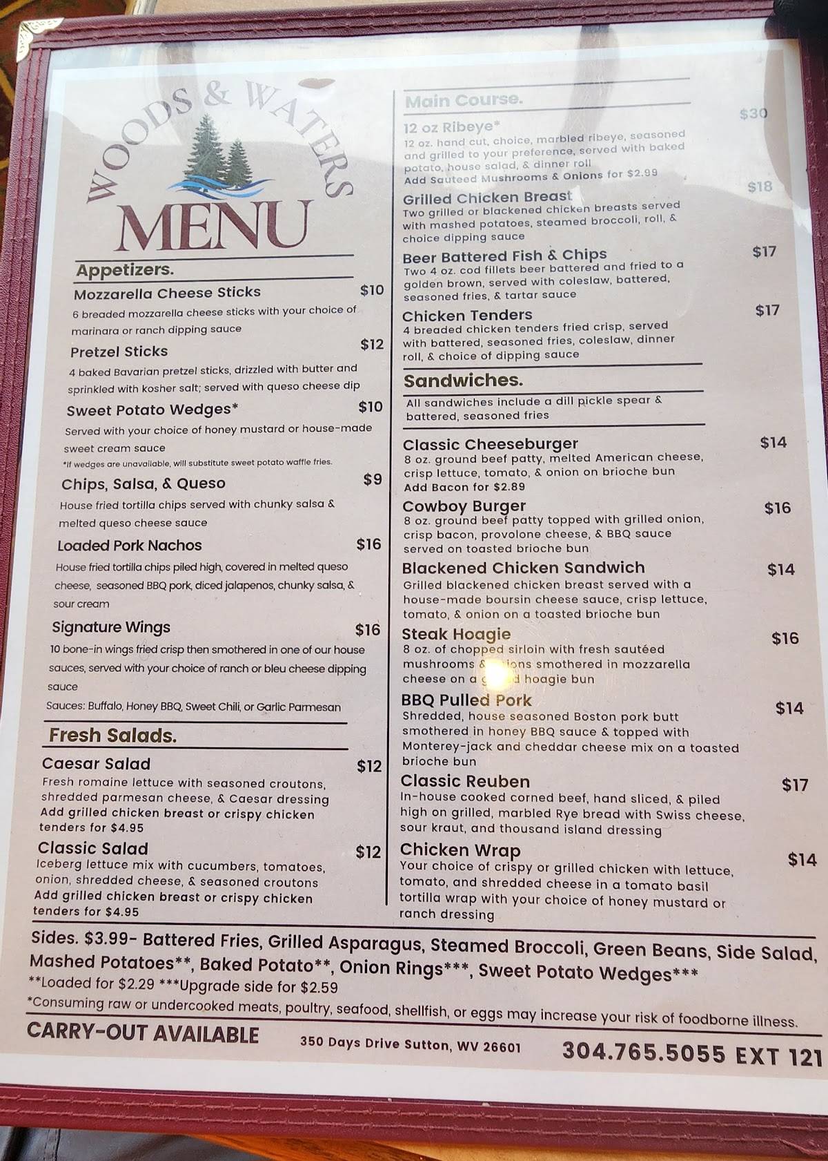 Menu at Woods & Waters Restaurant, USA