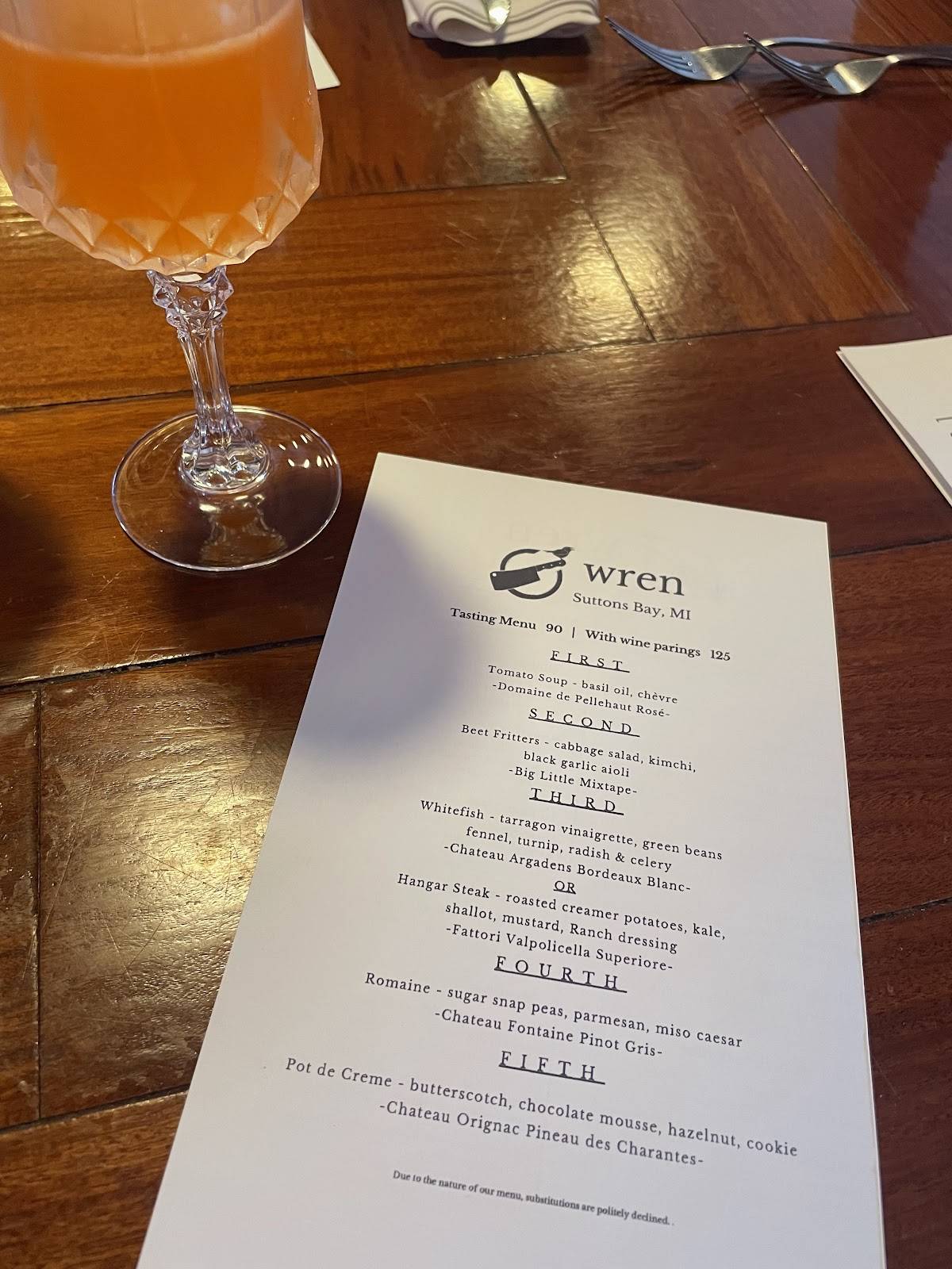 Menu at Wren restaurant, Suttons Bay
