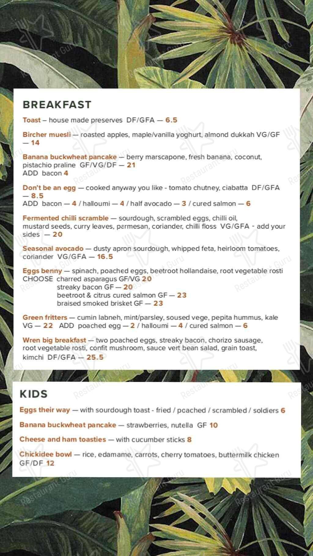 Carta de Wren Cafe, Auckland