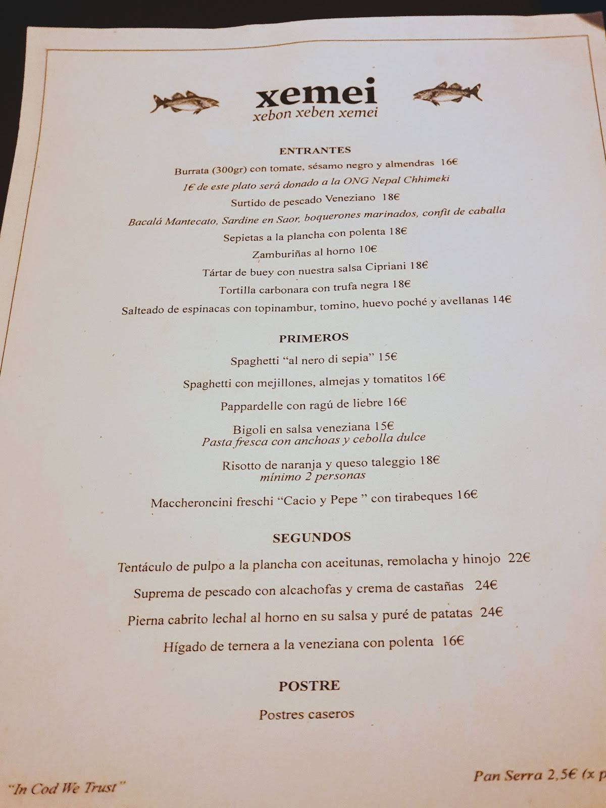 Carta del restaurante Xemei, Barcelona