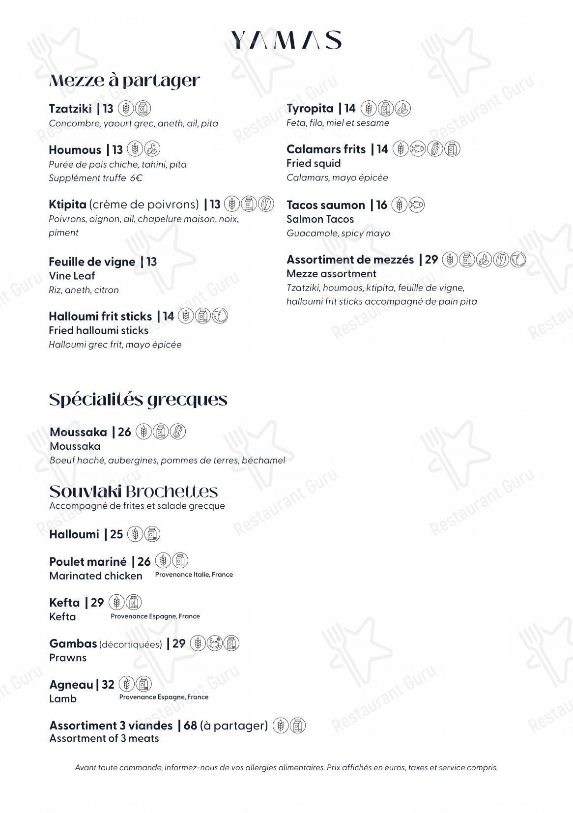 Carta de YAMAS restaurant, Saint-Laurent-du-Var