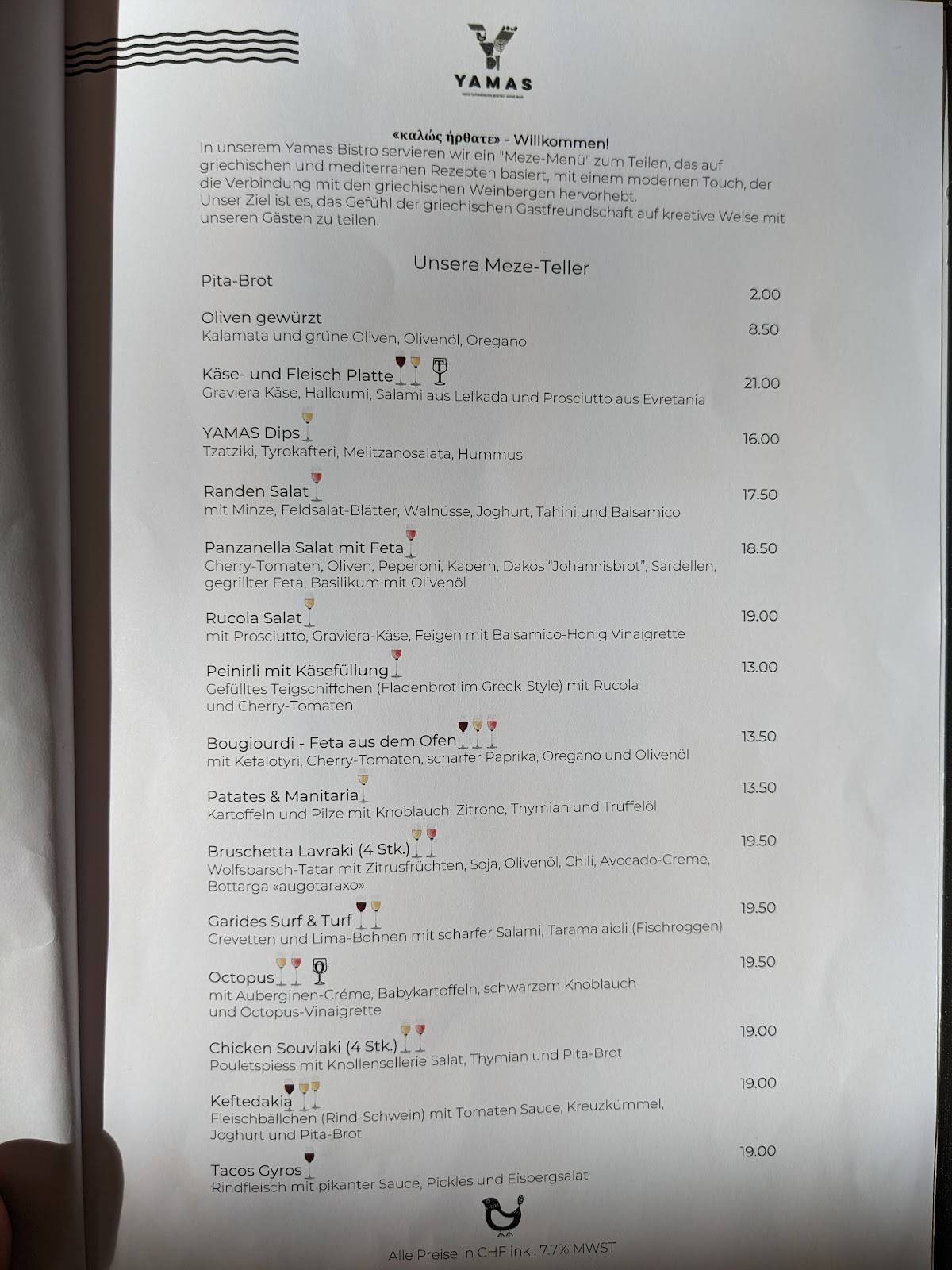 Speisekarte von YAMAS Bistro Wine Bar, Zürich