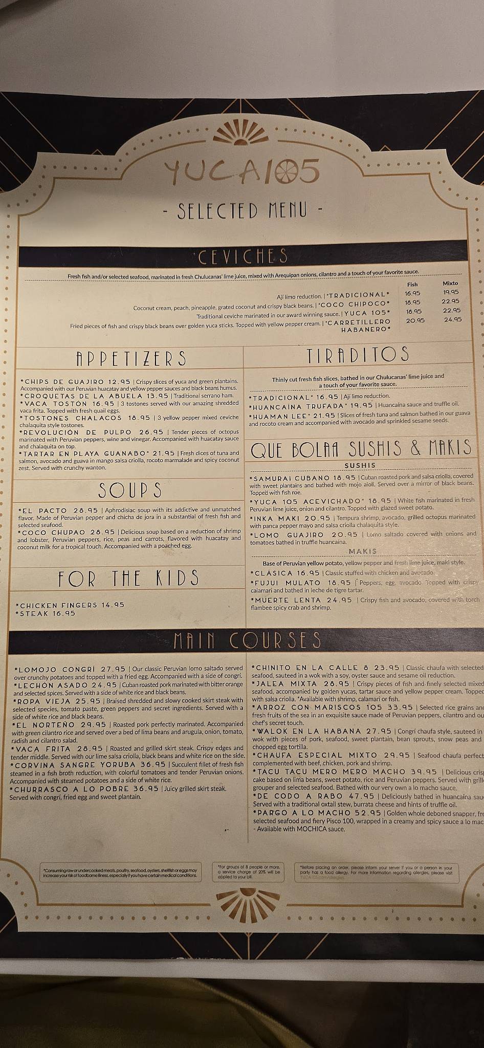Menu at YUCA 105 restaurant, Miami Beach, Washington Ave