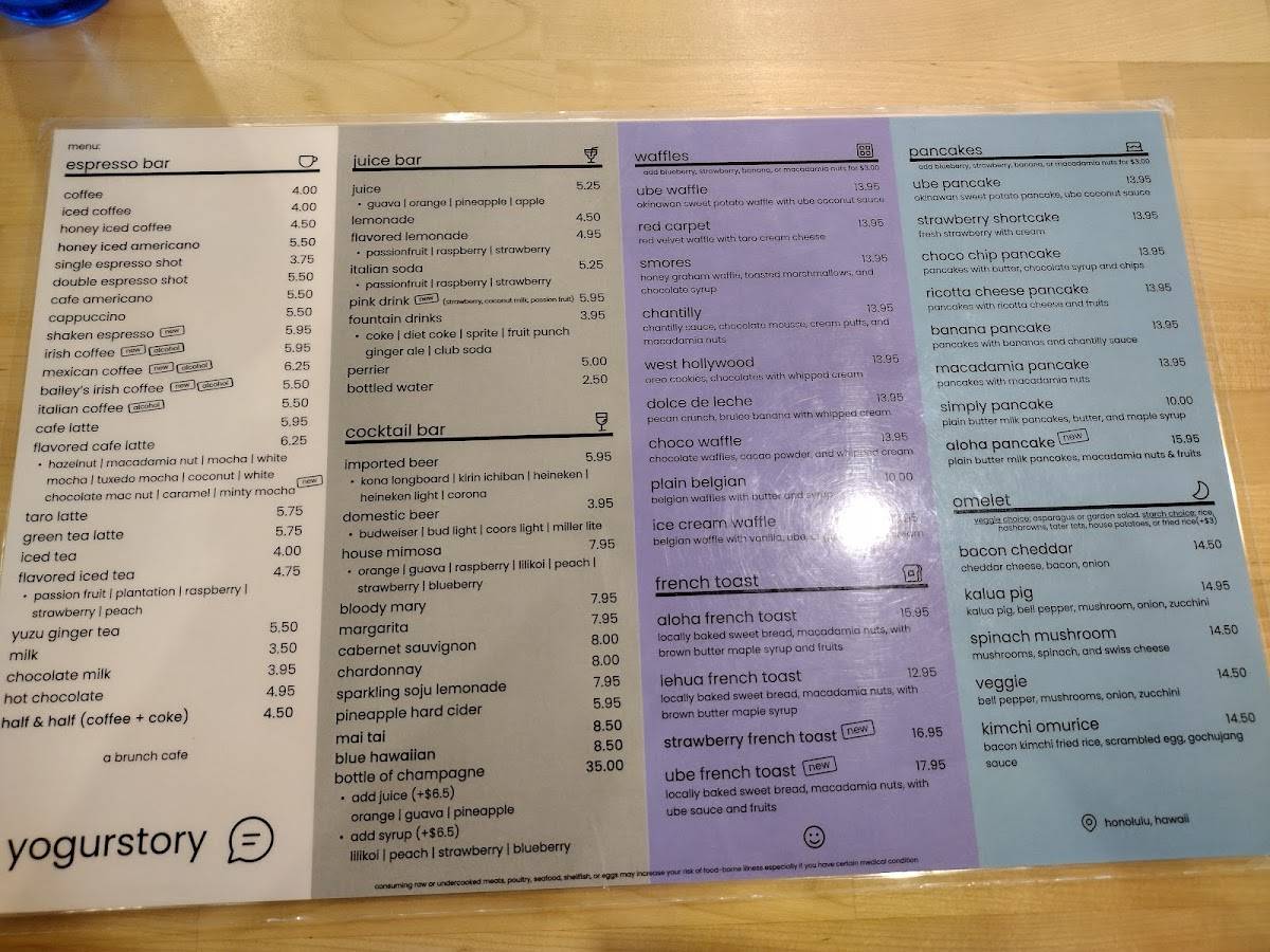 Menu at YogurStory restaurant, Honolulu, 745 Ke’eaumoku St
